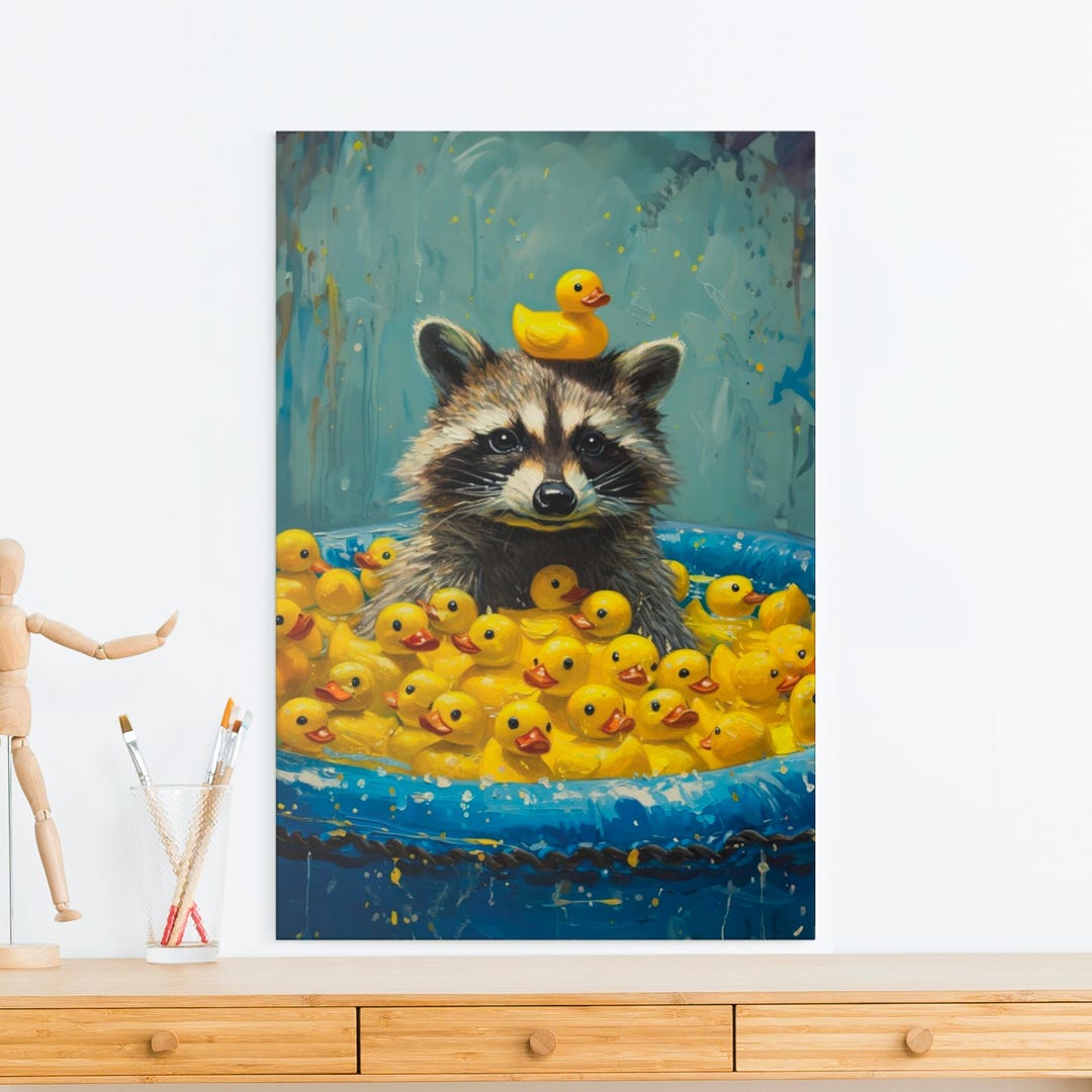 Rubber Duck Pool Raccoon Canvas Wall Art, Matte Stretched Canvas, Funny ...
