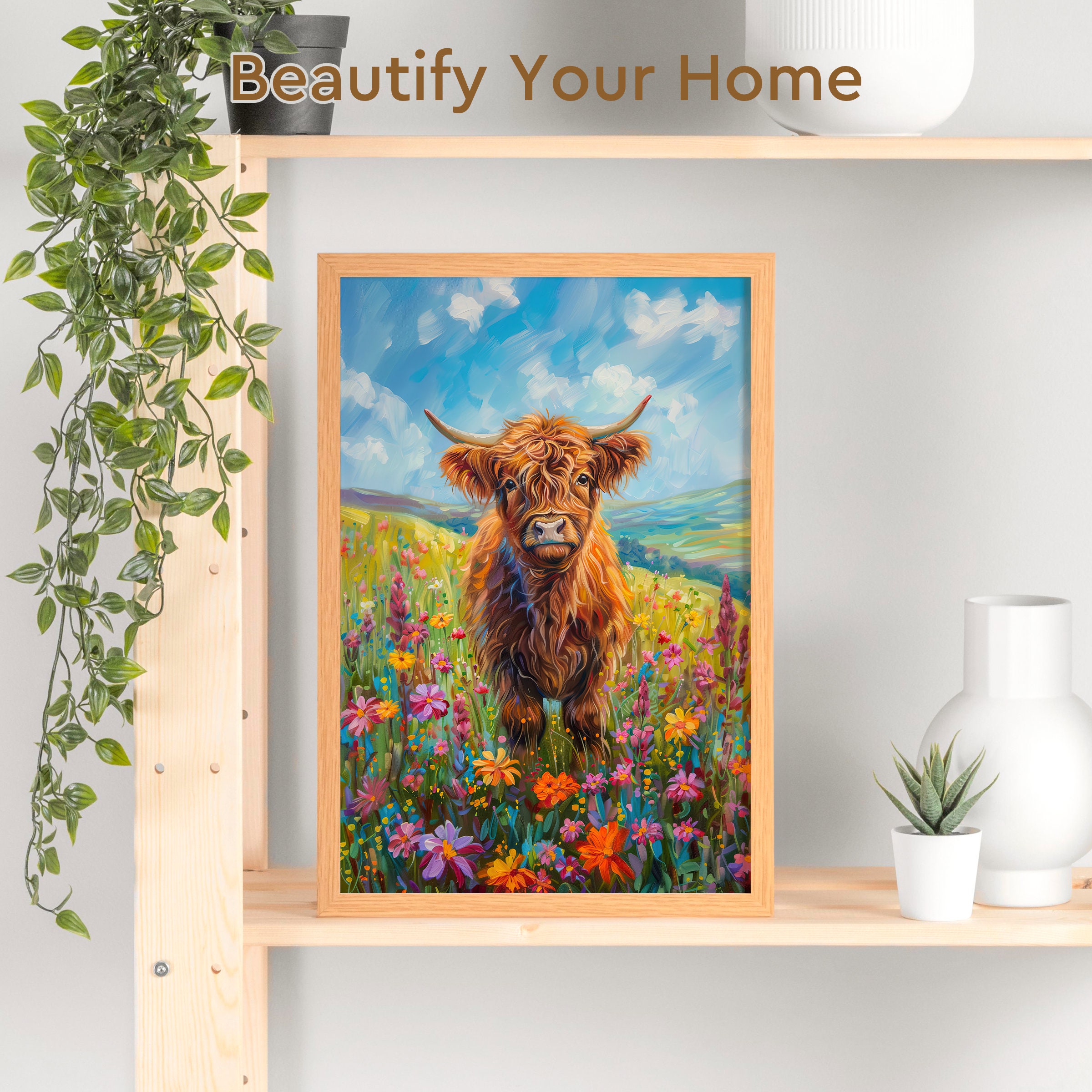Flower Field Highland Cow Poster, Scotland Cattle Wall Art, Scottish ...