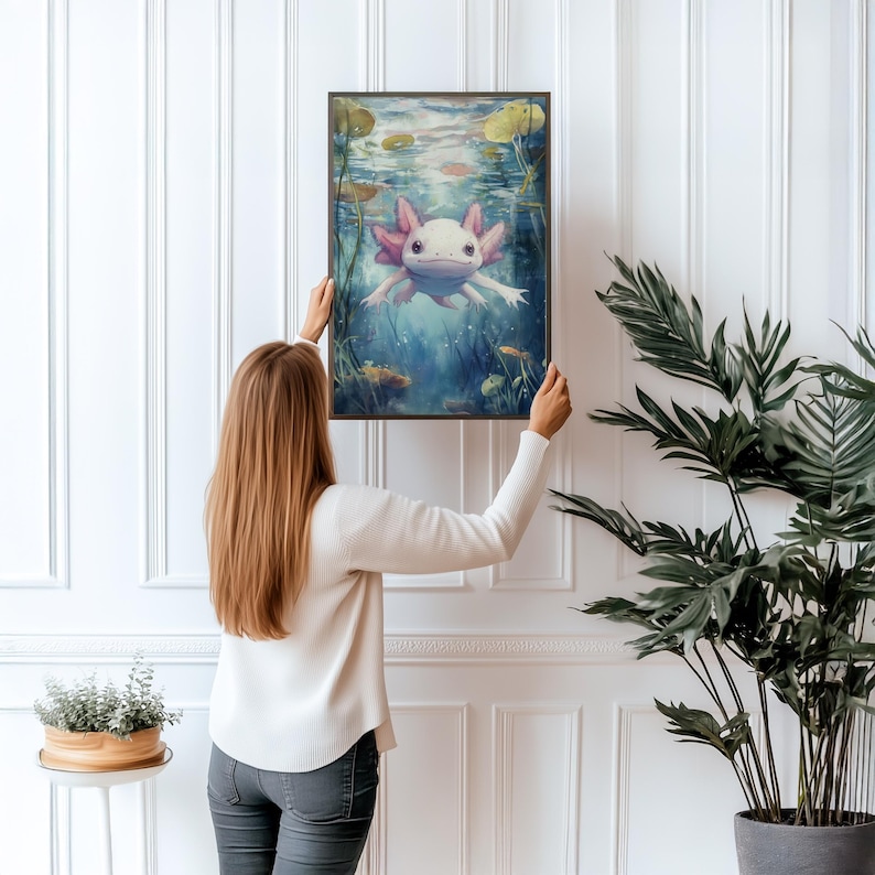 Axolotl Swimming Lake Plants Poster, Axie Lover, Mexican Salamander ...