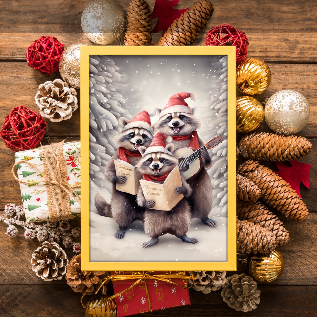Christmas Raccoon Carolers Poster, Santa Hat Raccoon, Christmas Decor ...