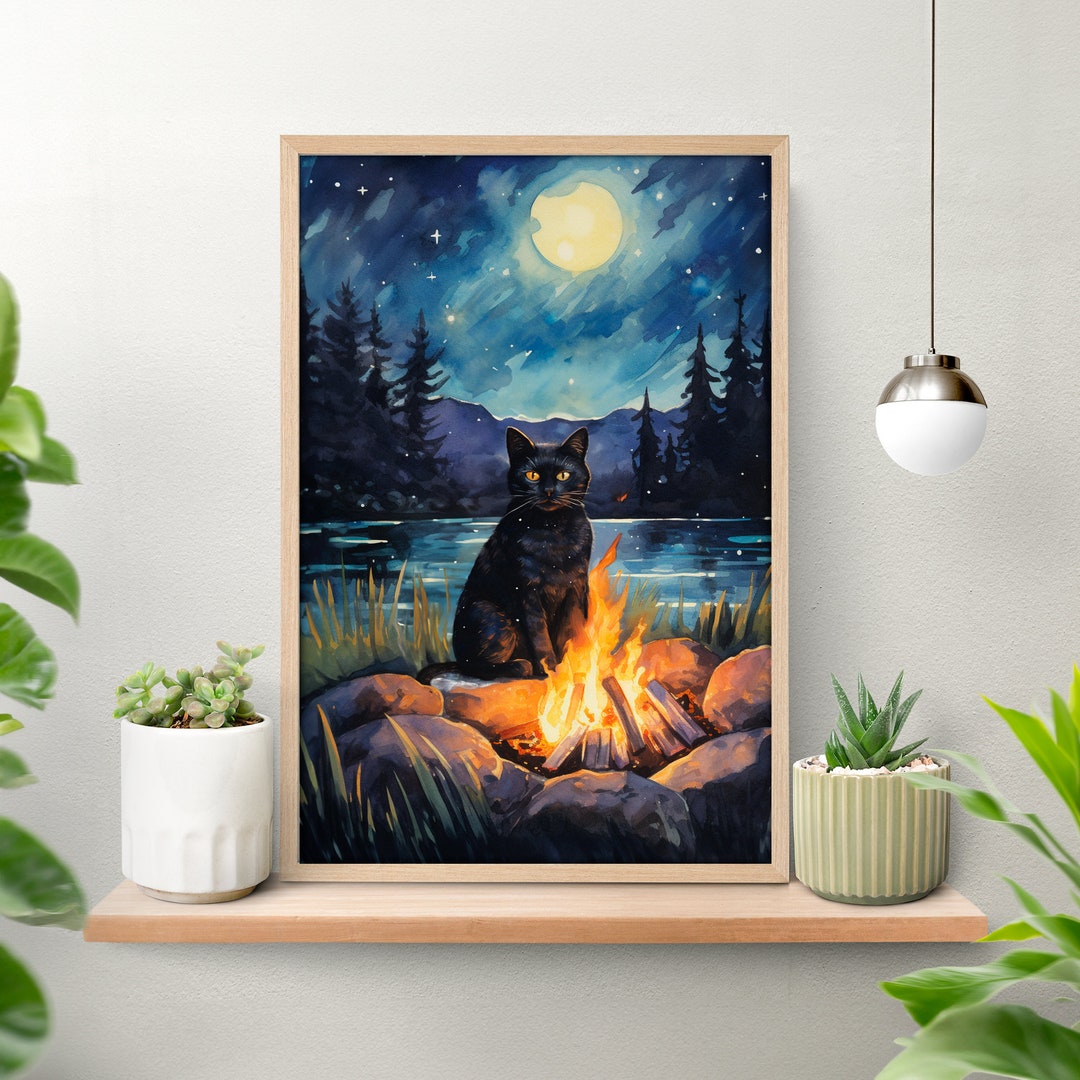 Moonlight Campfire Camping Cat Poster, Black Cat Wall Art, Retro Cat ...