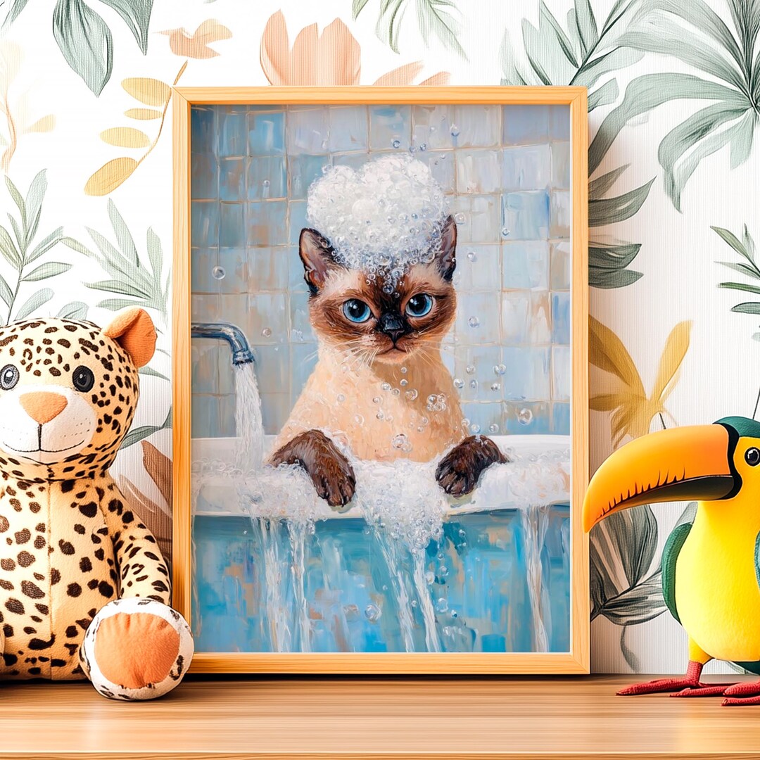 Bathtub Bubble Bath Siamese Poster, Bathroom Wall Art, Feline Lover ...