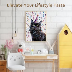 Birthday Party Hat Cat Poster, Black Cat Portrait, Funny Kitten Print ...