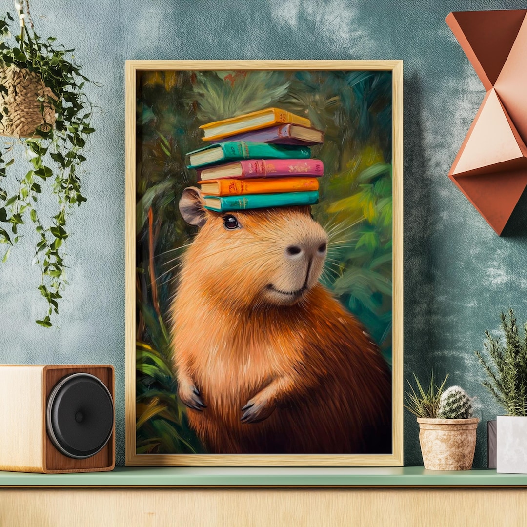 Adorable Capybara Balancing Books Poster, Water Hog Print, Giant Cavy ...