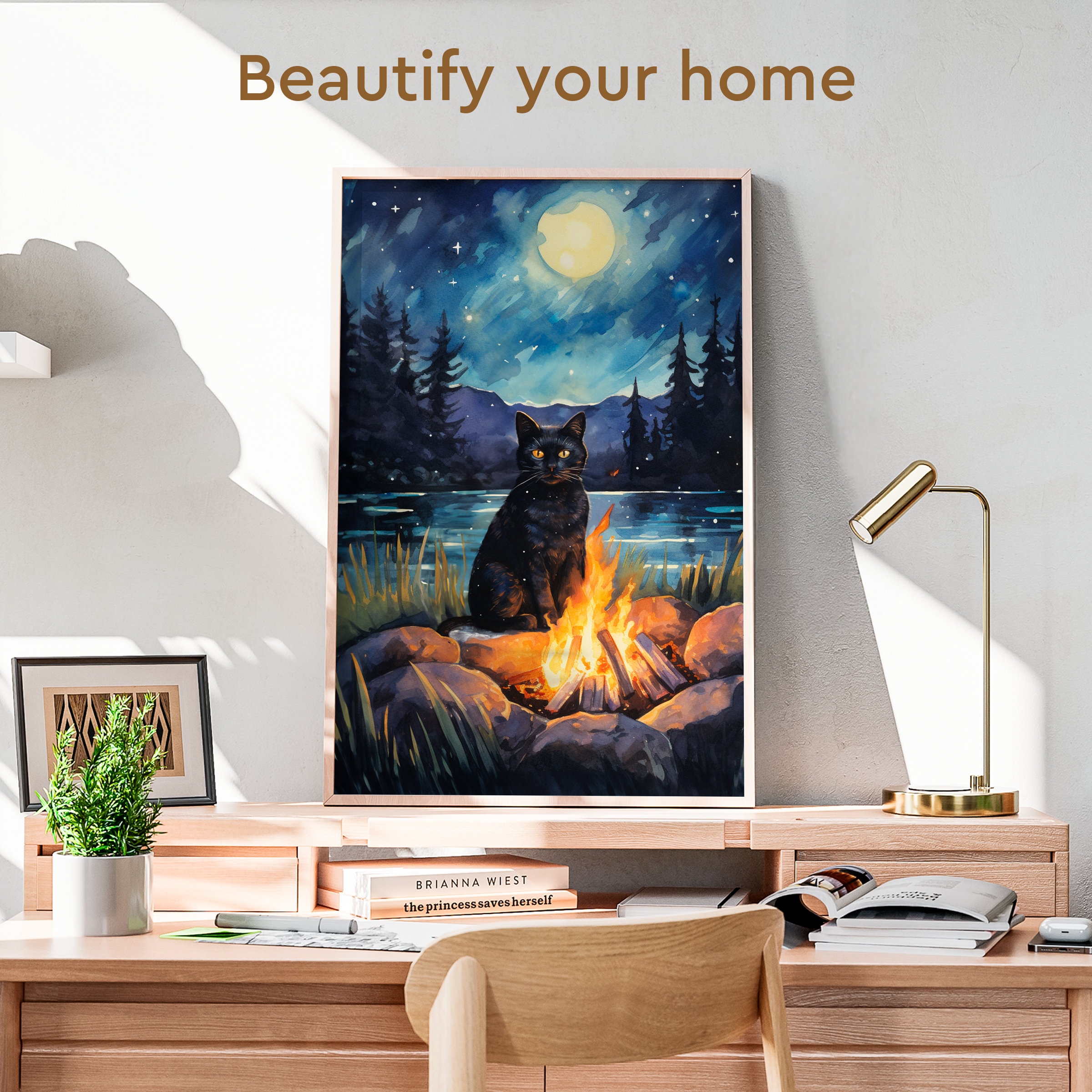Moonlight Campfire Camping Cat Poster, Black Cat Wall Art, Retro Cat ...