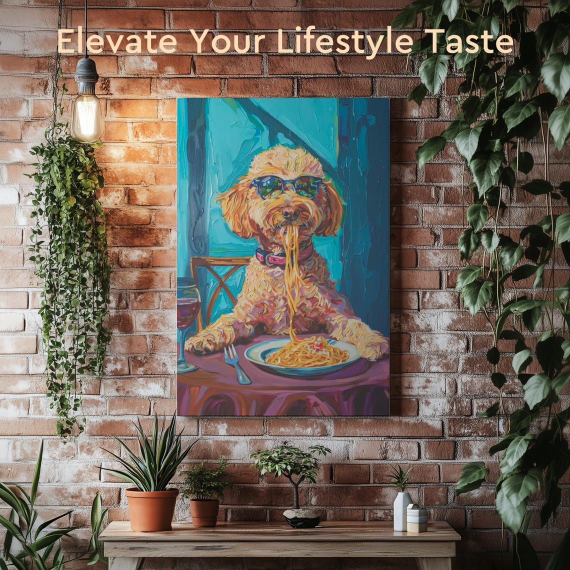 Sunglasses Labradoodle Eating Pasta Canvas Wall Art, Matte Stretched 0. ...