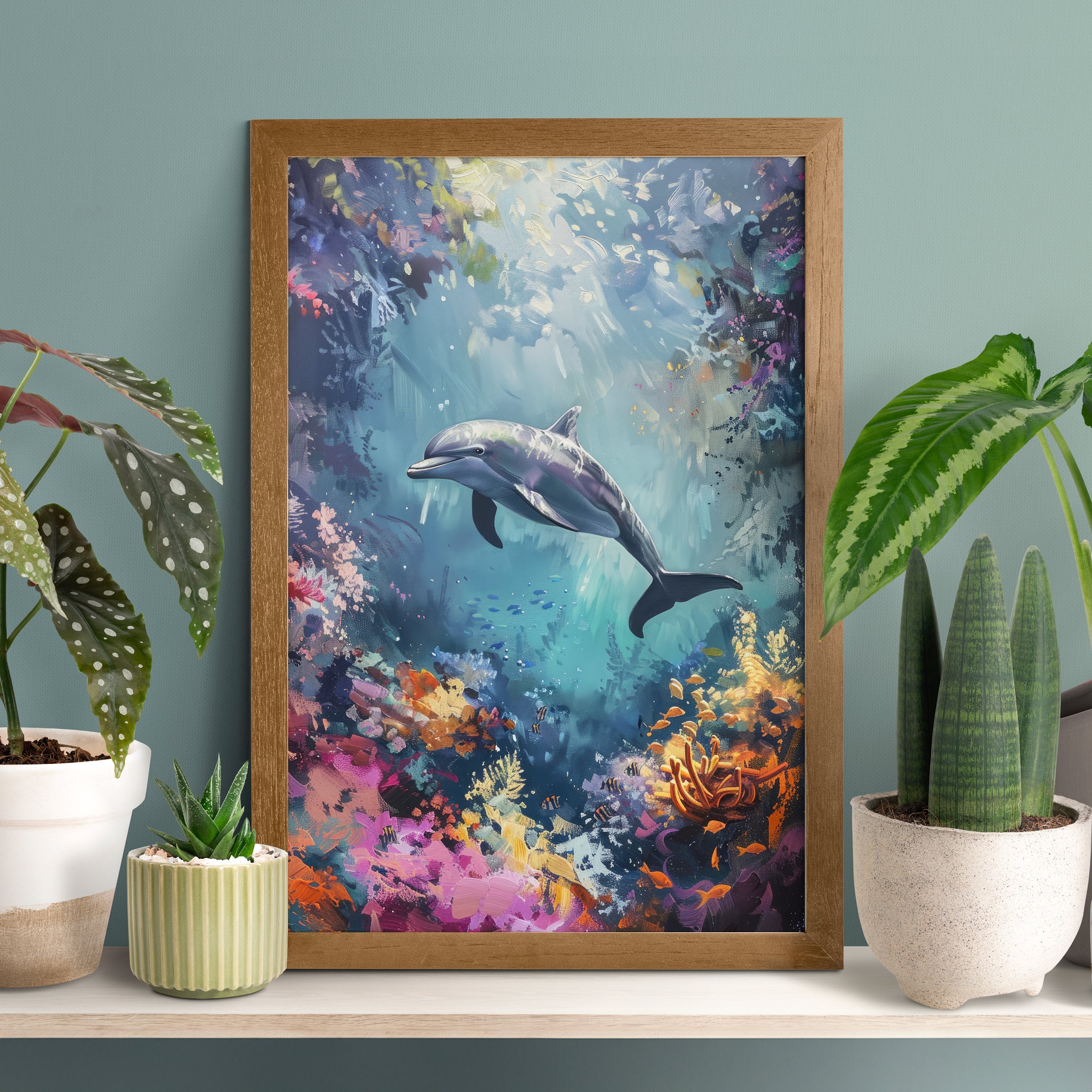 Undersea Dolphin Coral Reef Poster, Dolphin Lover Gift, Vintage Ocean ...