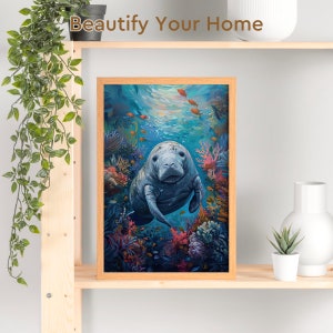 Cute Curious Manatee Aquarium Poster, Florida Manatee, Marine Biology ...