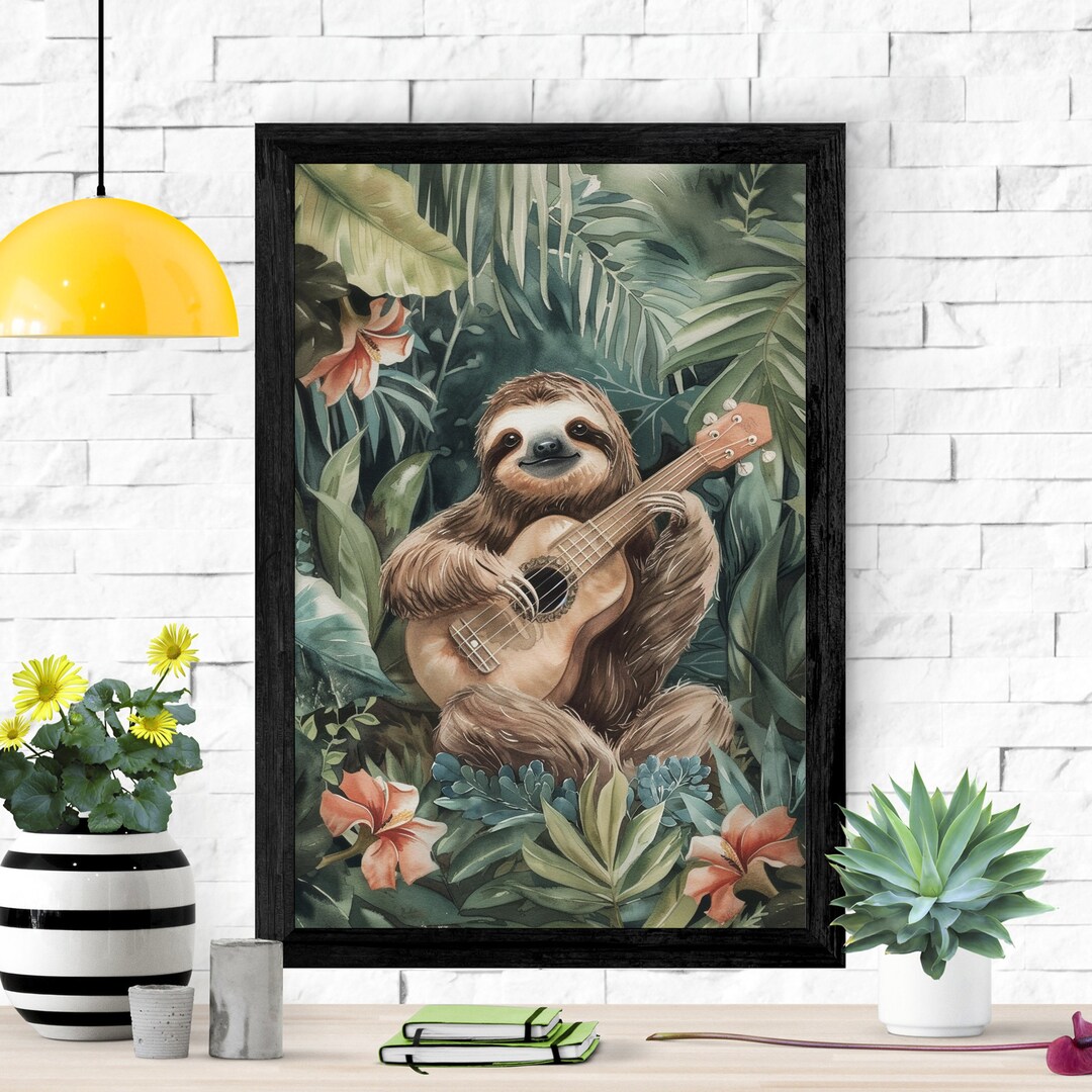 Rainforest Sloth Ukulele Musician Poster, Funny Sloth Wall Art, Kids ...