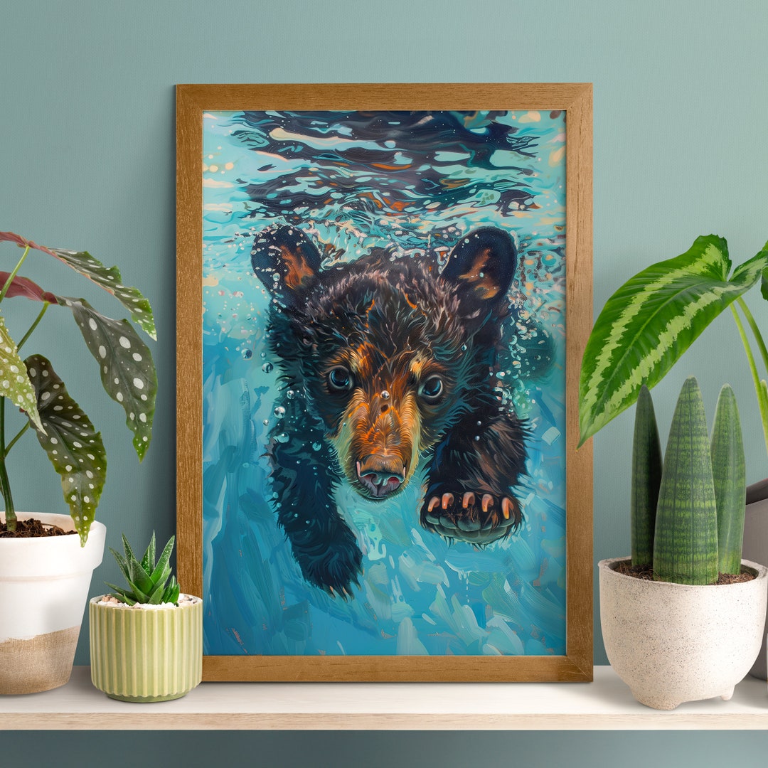 Swimming Pool Diving Bear Poster, Black Bear Lover, Baby Bear Wall Art ...