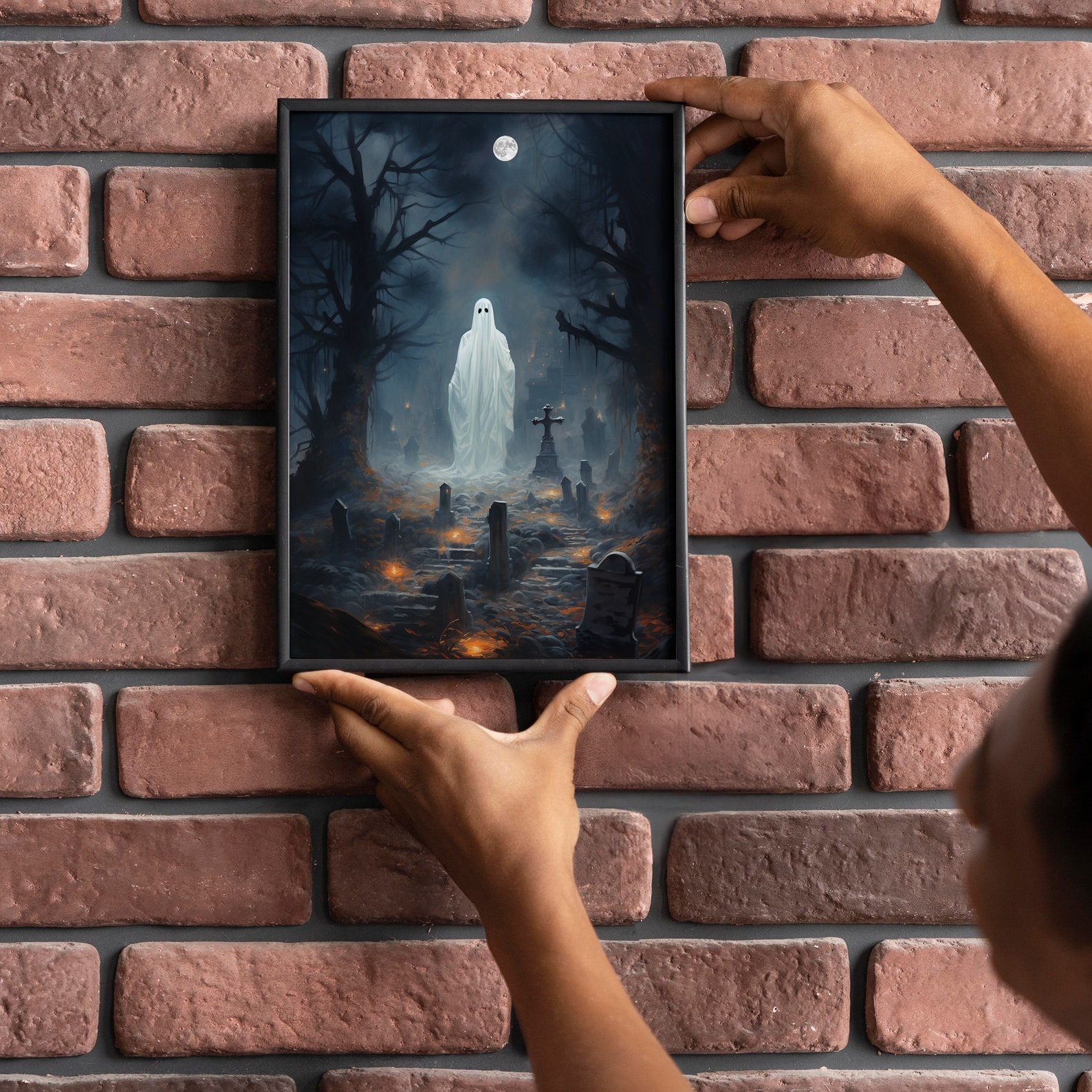 Haunting Ghost Graveyard Poster, Vintage Horror Art Print, Spooky Ghost ...