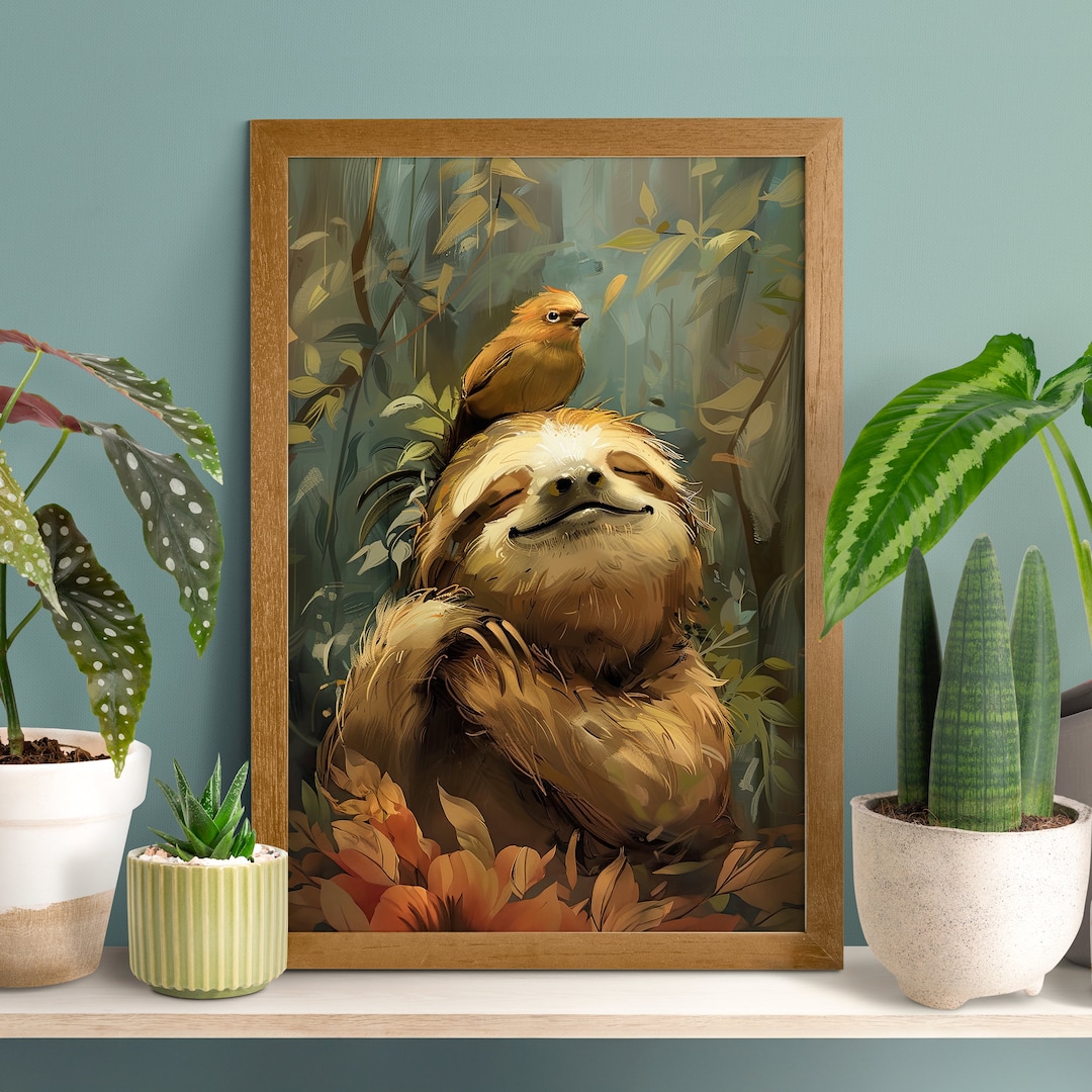 Joyful Sloth and Bird Poster, Funny Sloth Wall Art, Sloth Lover Gift ...