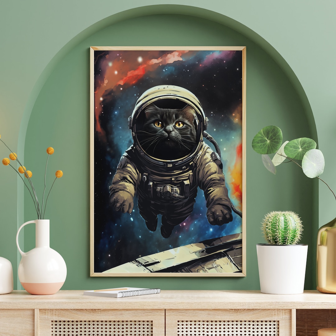 Galaxy Space Cat Poster, Black Cat Wall Art, Funny Kitten Print, Home ...