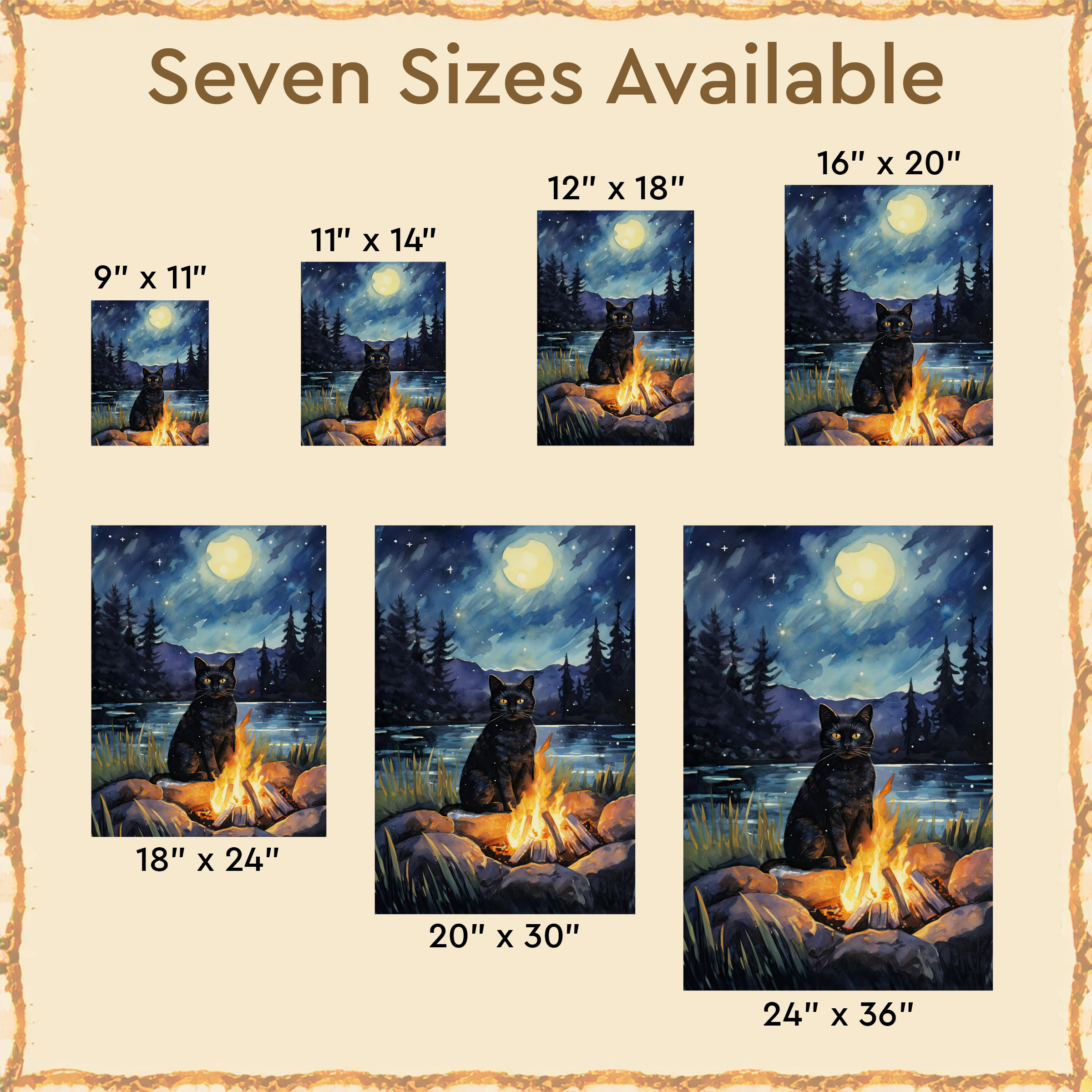 Moonlight Campfire Camping Cat Poster, Black Cat Wall Art, Retro Cat ...