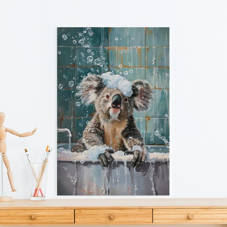 Bathtub Bubble Bath Koala Canvas Wall Art, Matte Stretched Canvas ...