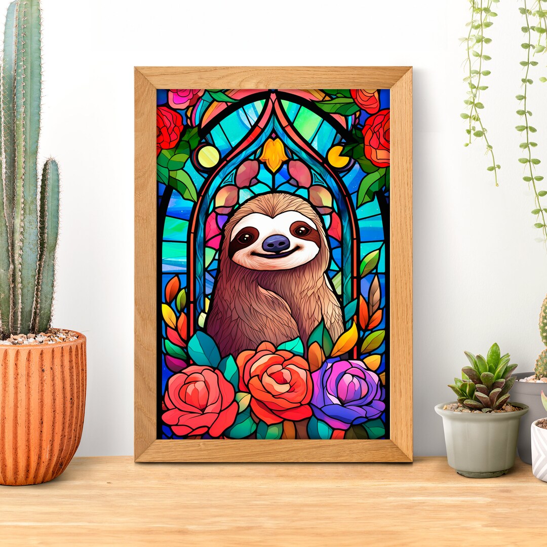 Stained Glass Cute Sloth Poster, Sloth Lover Gift, Funny Sloth, Animal ...