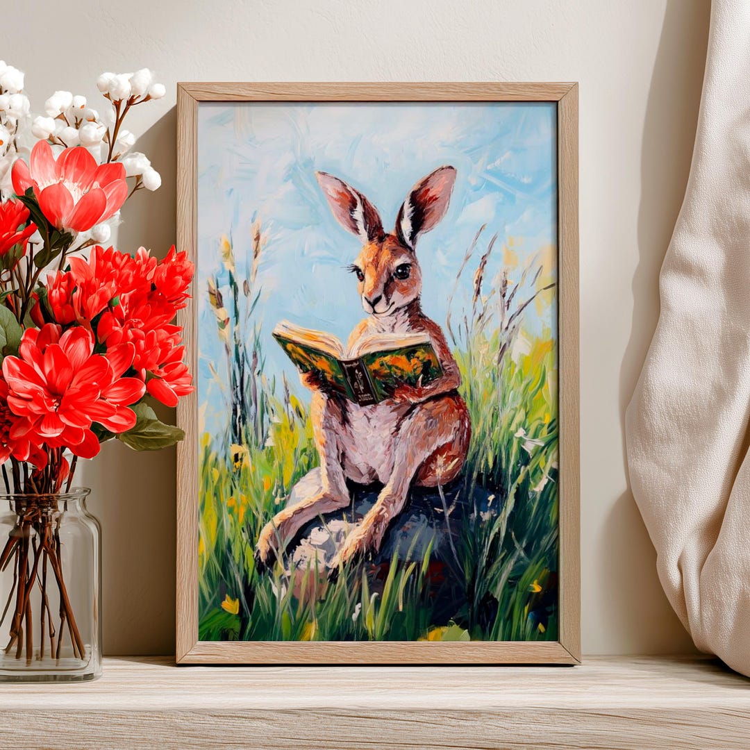 Bookworm Kangaroo Reading Book Poster, Australian Animal Print, Novel ...