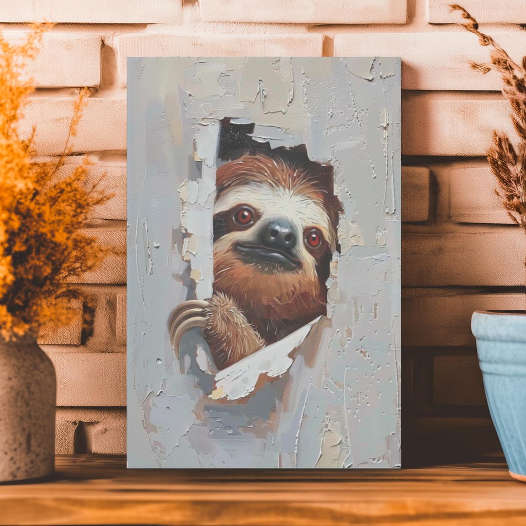 Ripped Paper Peekaboo Sloth Canvas Wall Art, Matte Stretched 0.75 ...