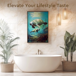 Manatee Family Swimming Underwater Poster, Florida Manatee Print ...