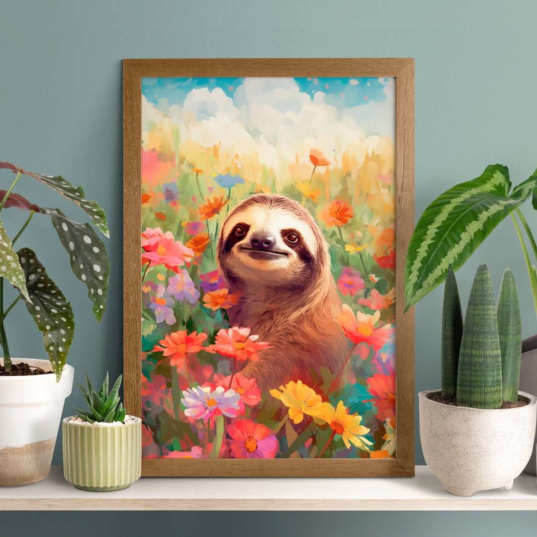 Flower Field Cute Sloth Poster, Funny Sloth Wall Art, Sloth Lover Gift ...