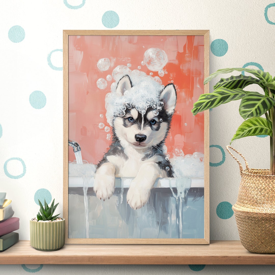 Bathtub Bubble Bath Husky Poster, Bathroom Wall Art, Cute Snow Dog ...