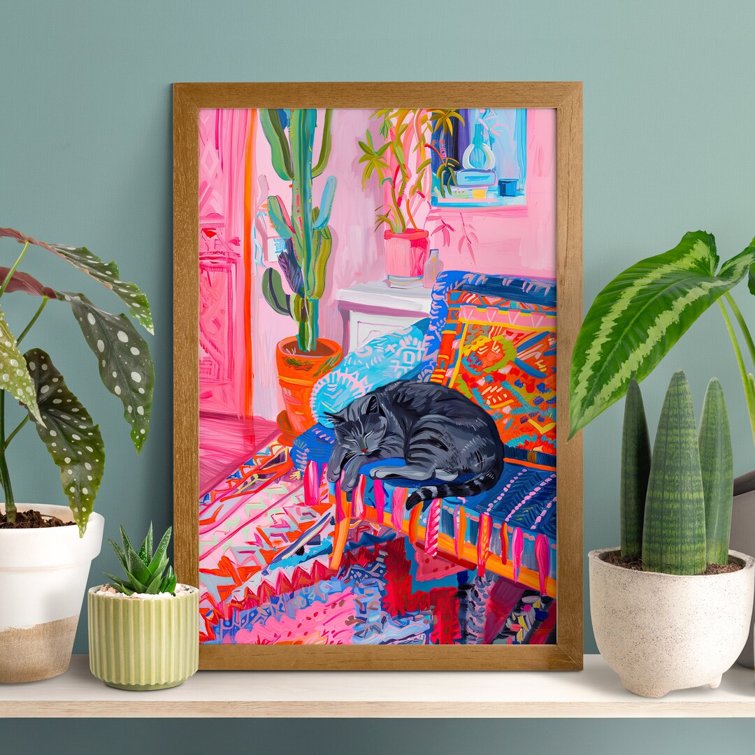 Bohemian Home Cozy Cat Poster, Black Cat Wall Art, Funny Kitten Decor ...