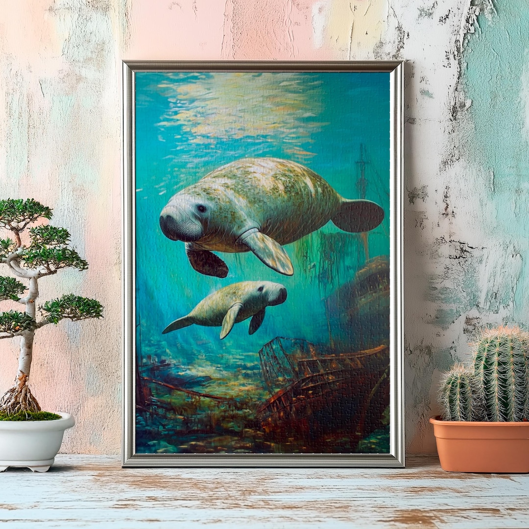 Manatee Family Swimming Underwater Jigsaw Puzzle, 110/252/520/1014 Pcs ...