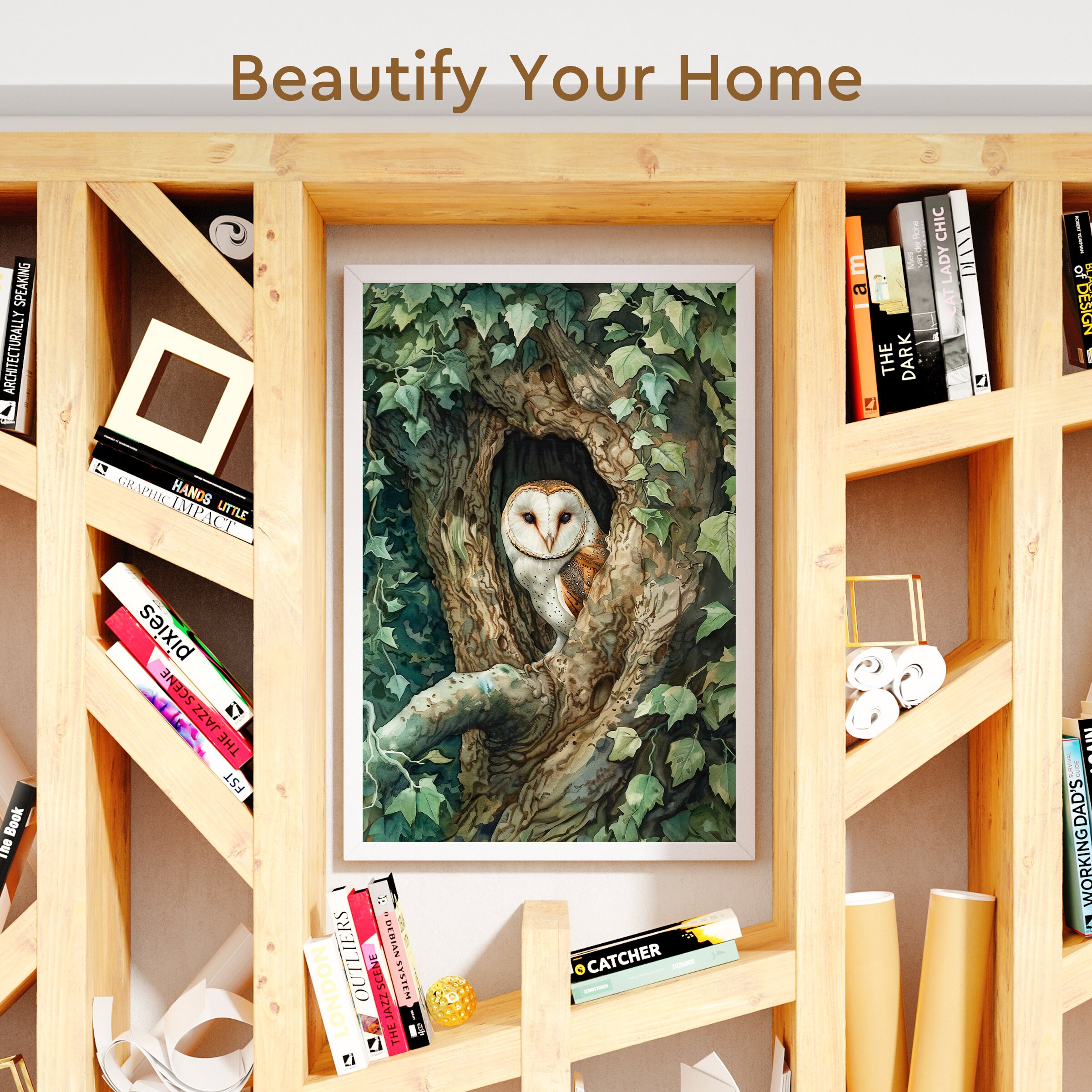 Tree Hollow Barn Owl Poster, Owl Nursery Decor, Vintage Forest Print ...