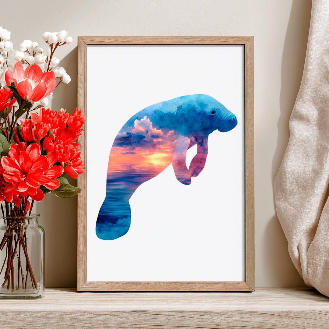 Manatee Silhouette Sunset Poster, Whimsical Watercolor Animal Wall Art ...