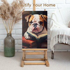 Cute Bulldog Reading Book Canvas Wall Art, Matte Stretched Canvas ...