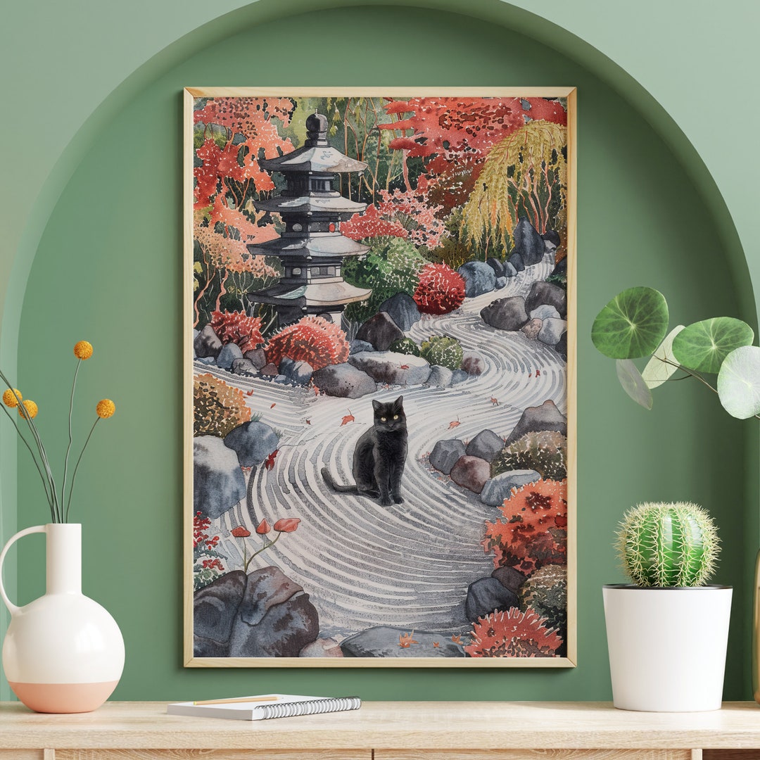 Japanese Zen Garden Cat Poster, Black Cat Wall Art, Funny Kitten Print ...