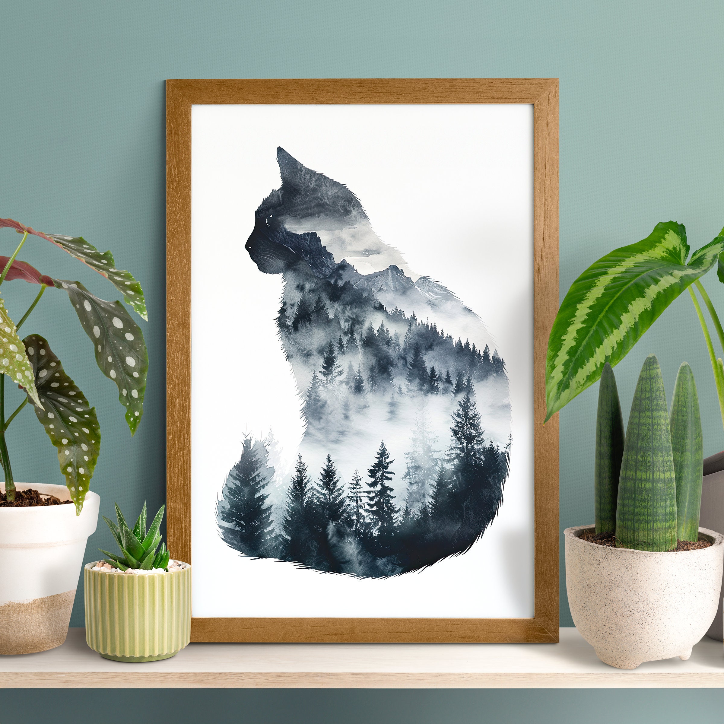 Mountain Forest Cat Silhouette Poster, Black Cat Wall Art, Funny Kitten ...