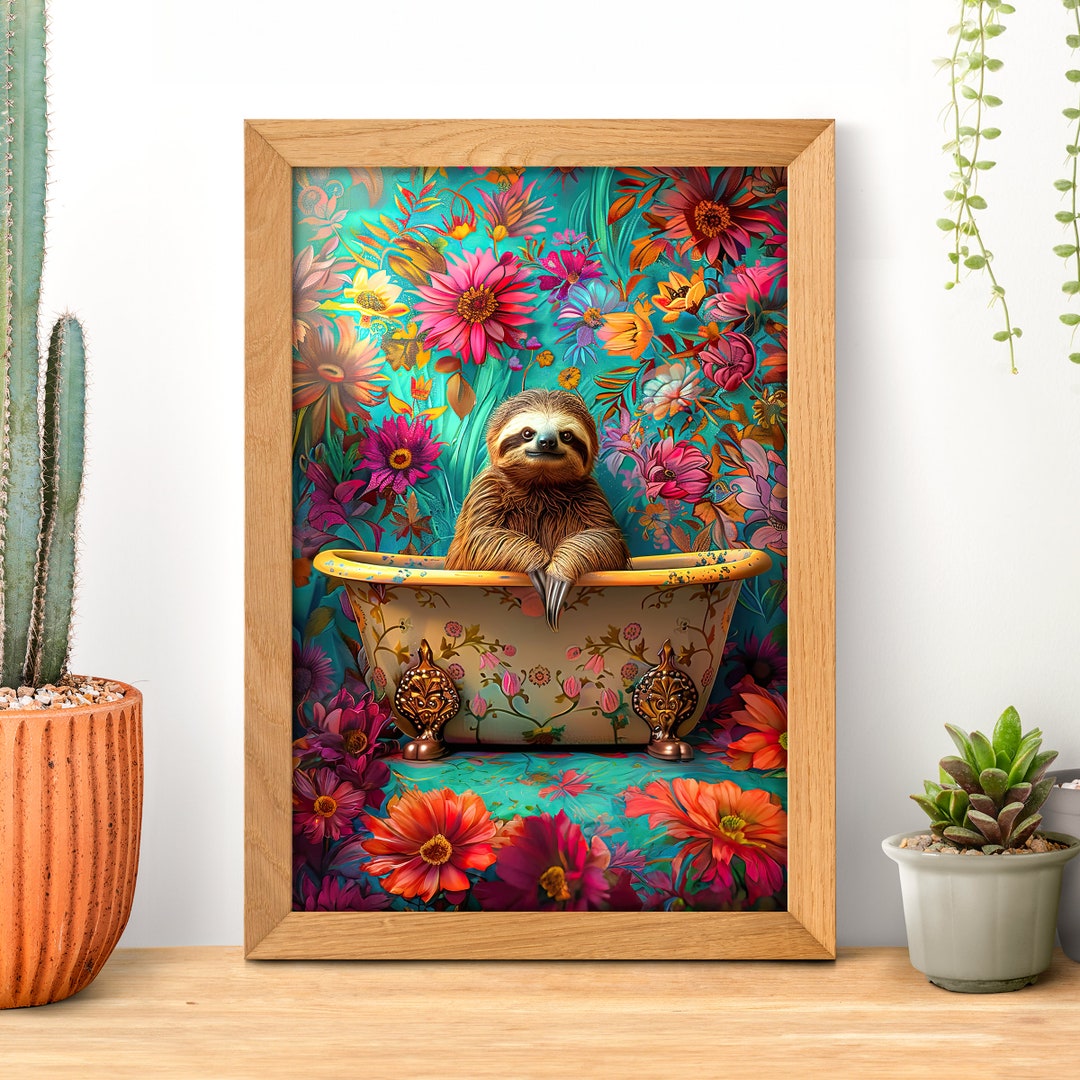 Floral Bathtub Bath Sloth Poster, Bathroom Wall Art, Funny Cute Sloth ...