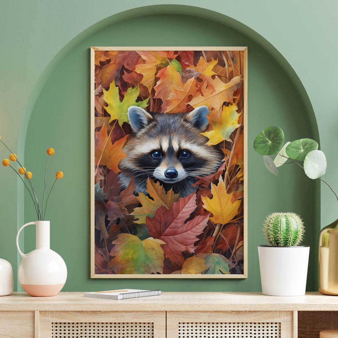 Autumn Leaves Cute Raccoon Poster, Fall Festival Wall Art, Home Decor ...