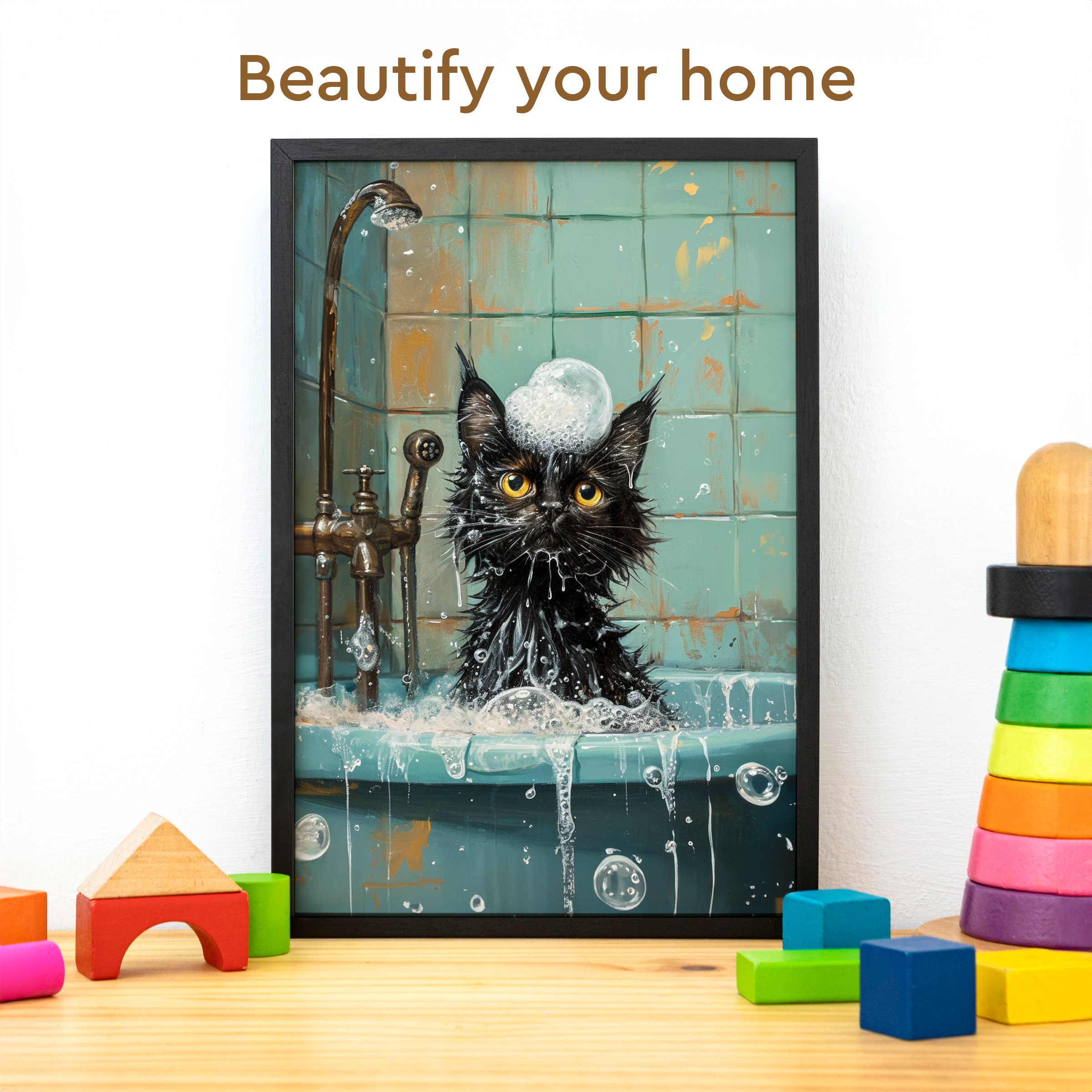 Bathtub Bubble Bath Cat Poster, Bathroom Wall Art, Black Cat Art, Funny ...