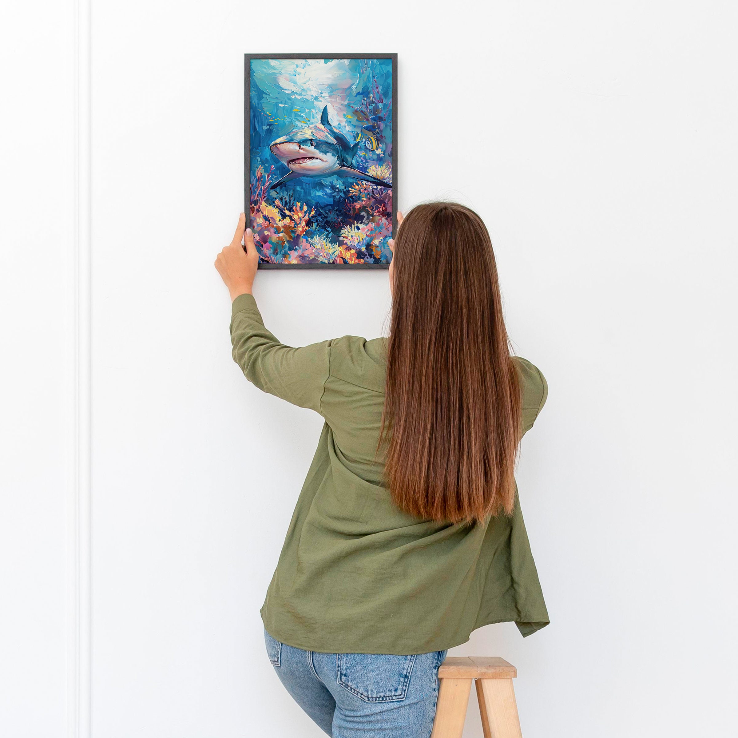 Marine Animals Shark Coral Poster, Funny Shark Gift, Vintage Ocean ...