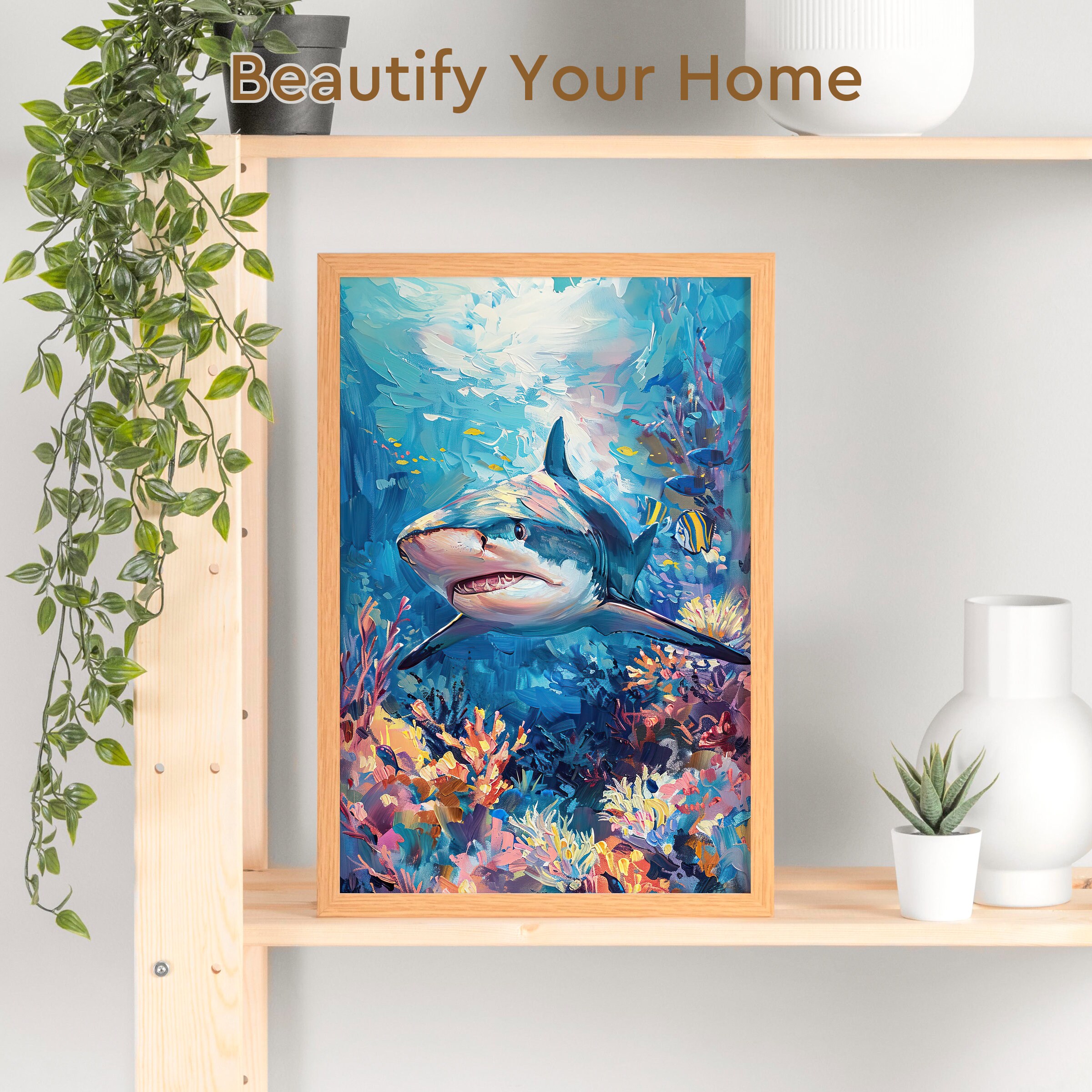 Marine Animals Shark Coral Poster, Funny Shark Gift, Vintage Ocean ...