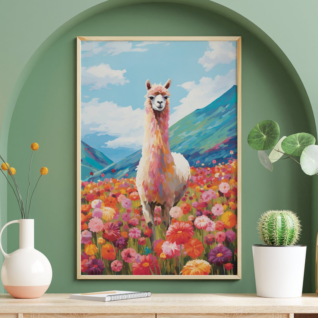 Flower Field Llama Alpaca Poster, Llama Lover Gift, Floral Wall Art ...