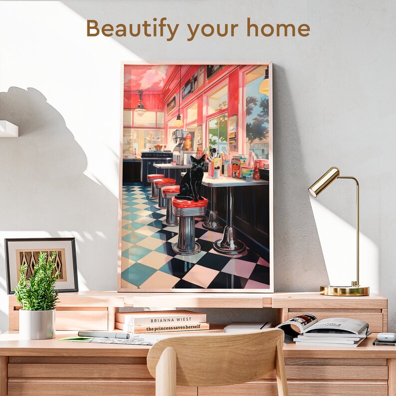 Retro Diner Cat Poster, Black Cat Wall Art, Funny Kitten Print, Watercolor Pet Painting, Home ...