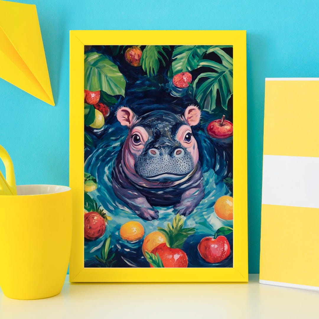 Fruit Pond Pygmy Hippo Poster, Hippo Lover, Funny Hippo Print, Kids ...