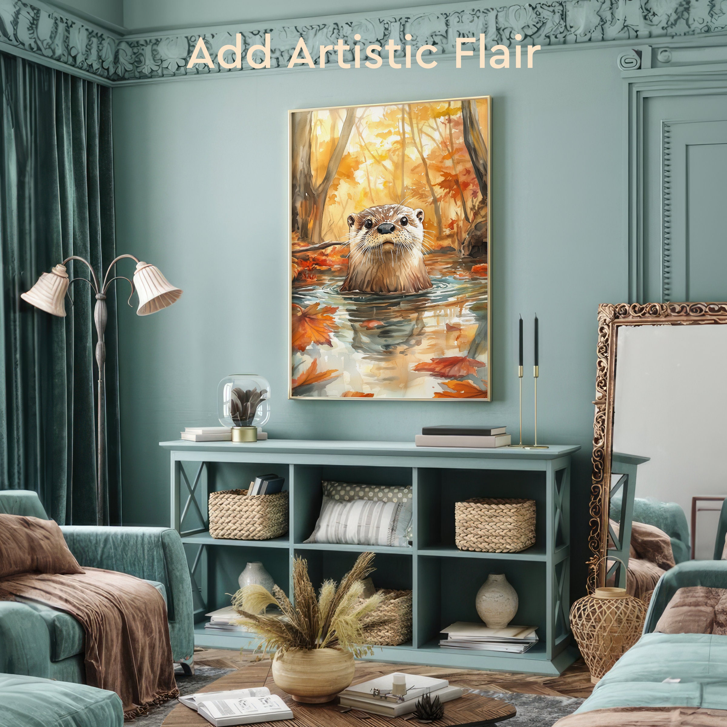 Autumn Fall River Otter Poster, Funny Sea Otter, Otter Lover, Wildlife ...