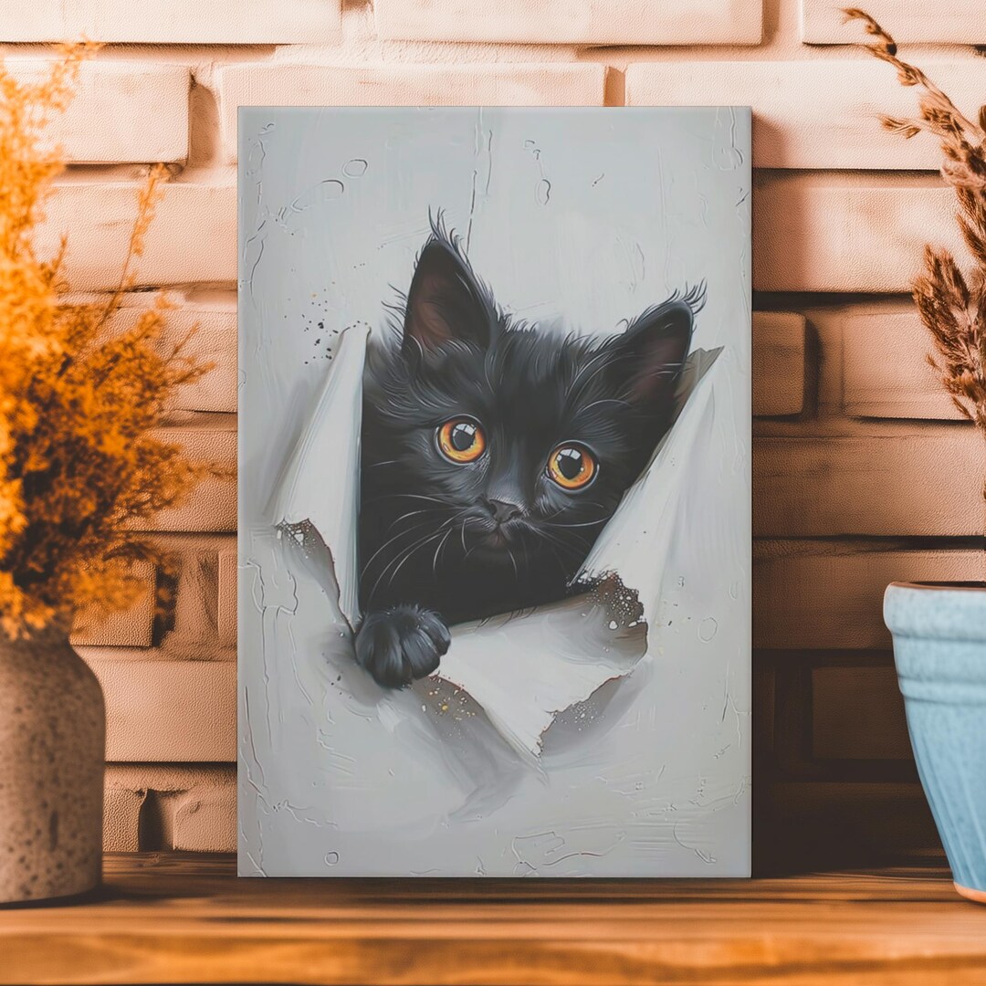Ripped Paper Peekaboo Cat Canvas Wall Art, Matte Stretched 0.75", Black ...