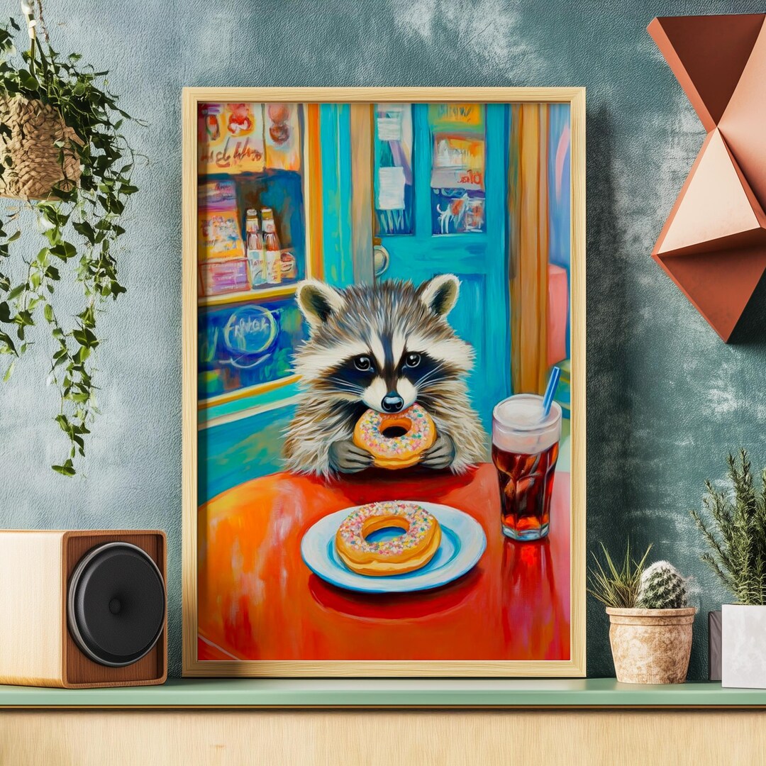 Donut Lover Foodie Raccoon Poster, Whimsical Trash Panda, Funny Kitchen ...