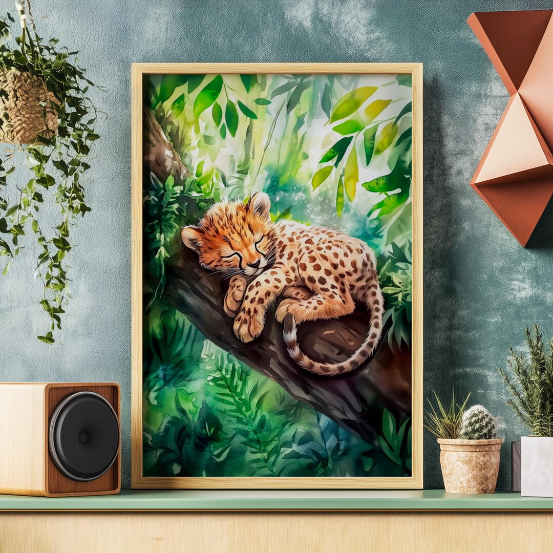 Forest Sleeping Baby Cheetah Poster, Acinonyx Print, Leopard Wall Art ...