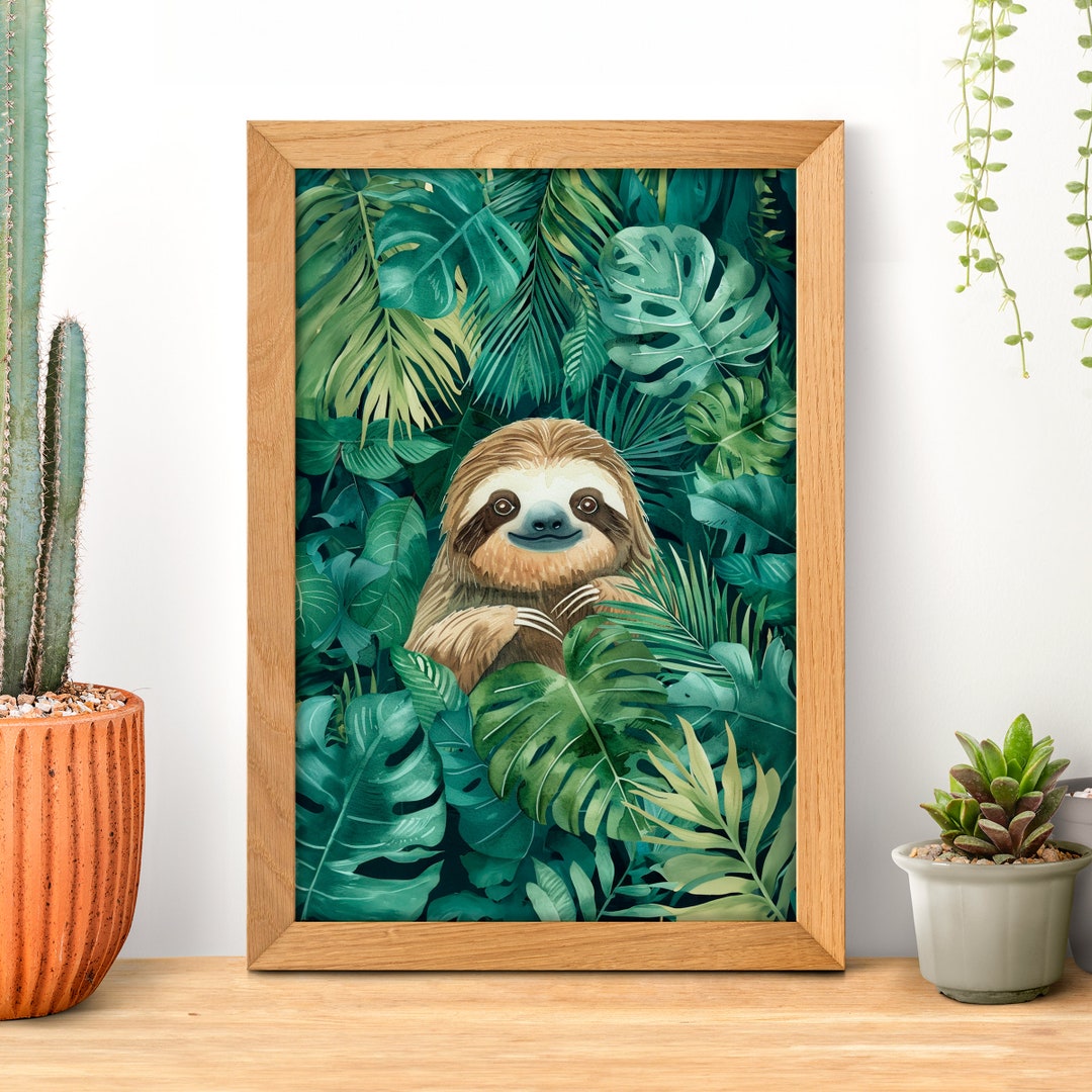 Rainforest Monstera Plant Sloth Poster, Funny Sloth Wall Art, Sloth ...