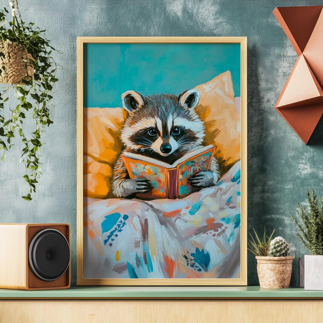 Raccoon Reading Bedtime Storybook Poster, Trash Panda Print, Animals ...