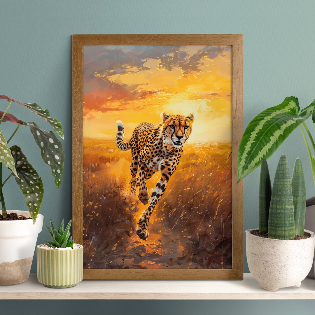 Sunset Savannah Running Cheetah Poster, Leopard Wall Art, Safari Animal ...