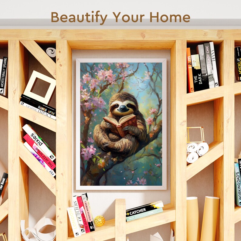 Bookworm Sloth Reading Book Poster, Funny Folivora Print, Bradypus ...