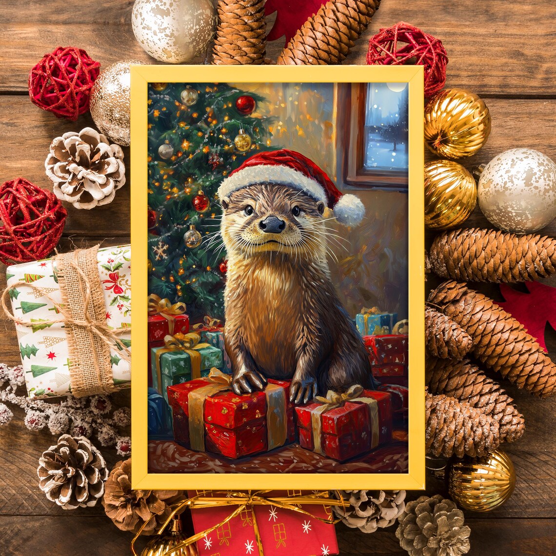 Christmas Santa Hat Otter Poster, Holiday Decor, Funny Sea Otter Print ...