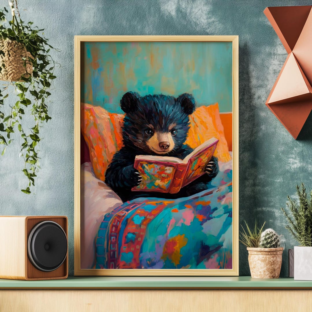 Bear Reading Bedtime Storybook Poster, Black Bear Print, Wildlife ...